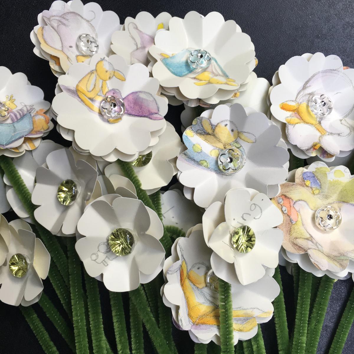 Barbar the elephant hand-cut paper flower arrangement in small grey ...