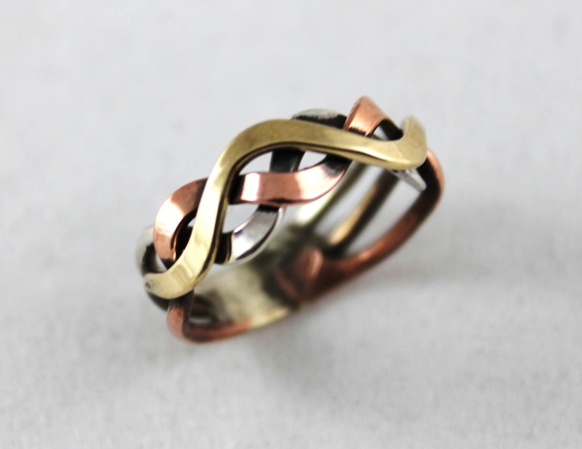 Sterling Silver, Copper and Brass Woven Ring - Eventeny