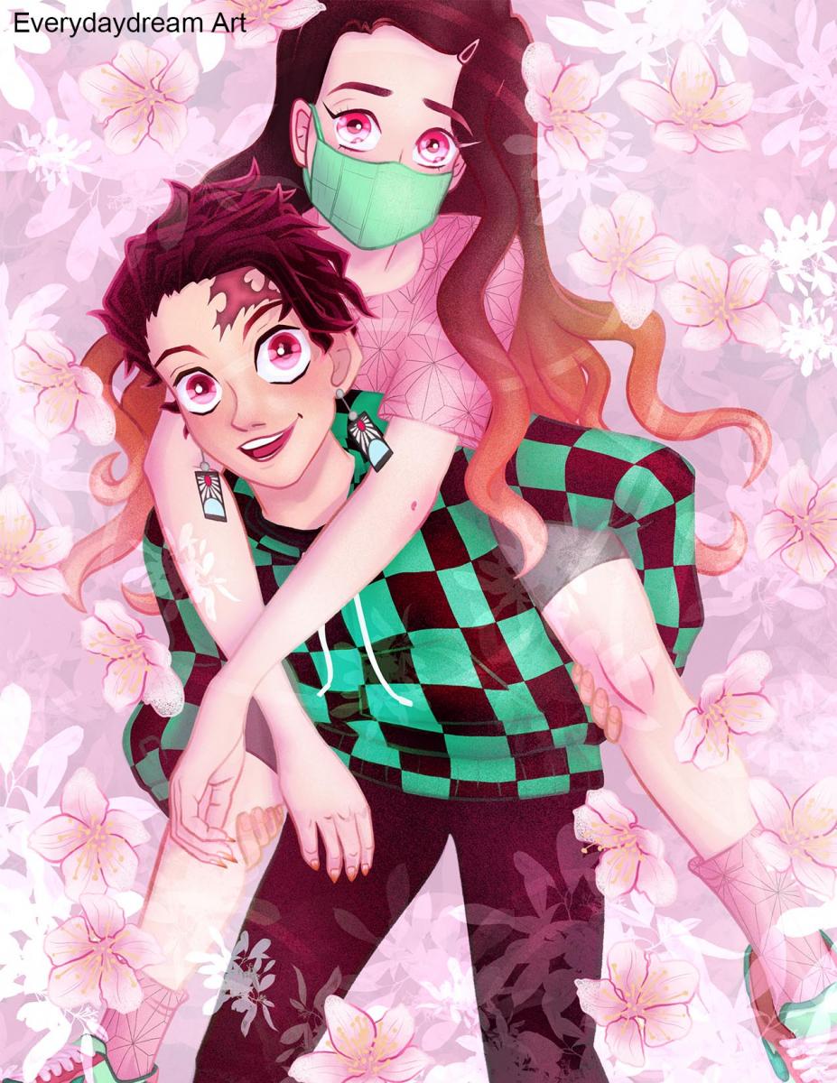Medium Demon Slayer Tanjiro And Nezuko Piggy Back Sakura Print Eventeny