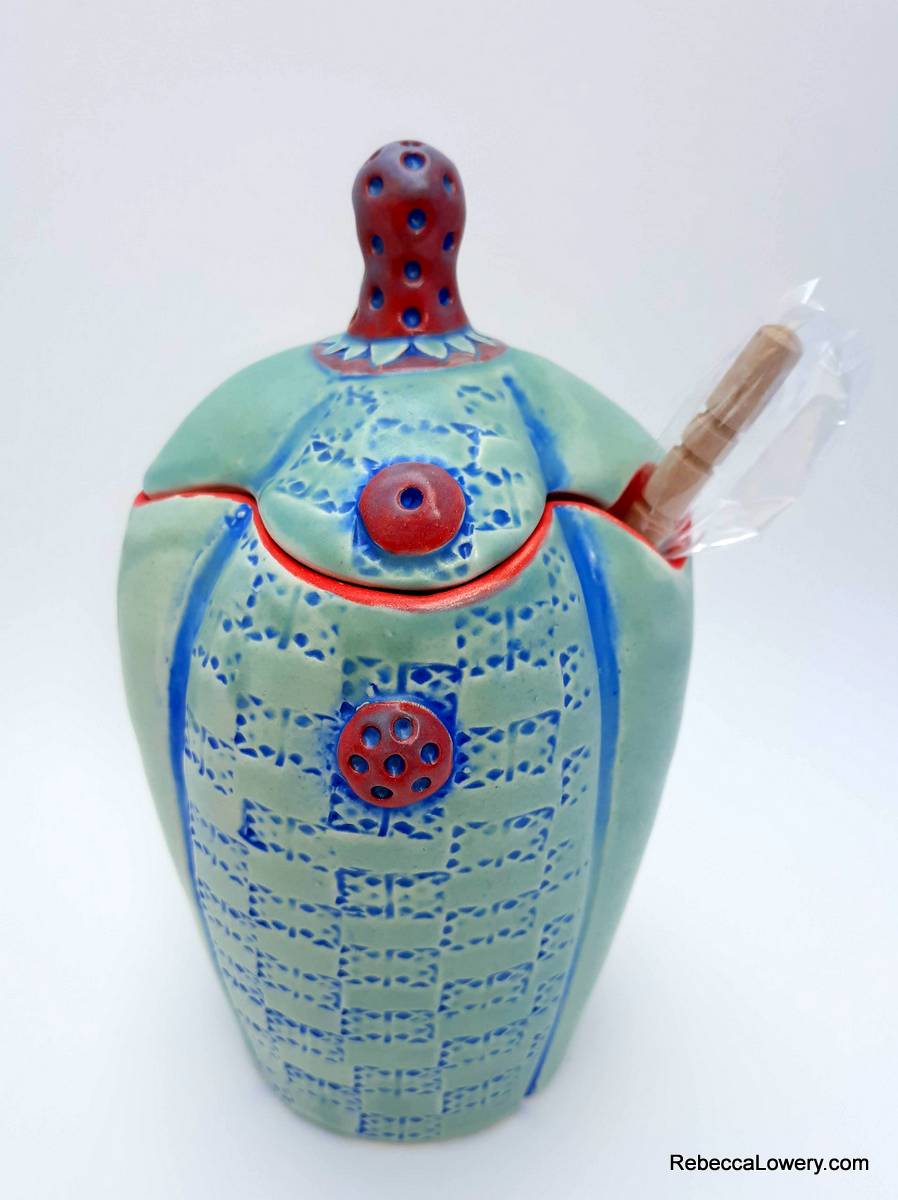 Green Honey Pot with Rattle Lid and Wooden Honey Dipper - Eventeny