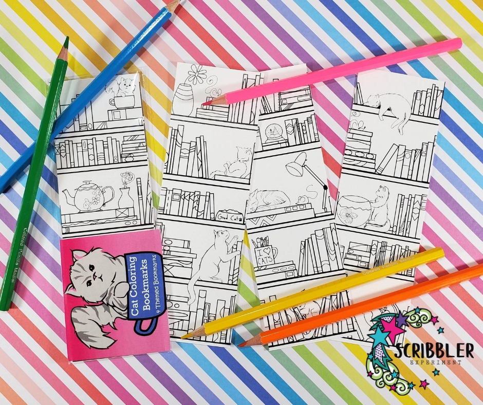 Bookshelf Cat Coloring Bookmarks - Eventeny